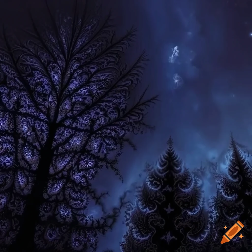Night sky fractal pattern with trees silhouettes