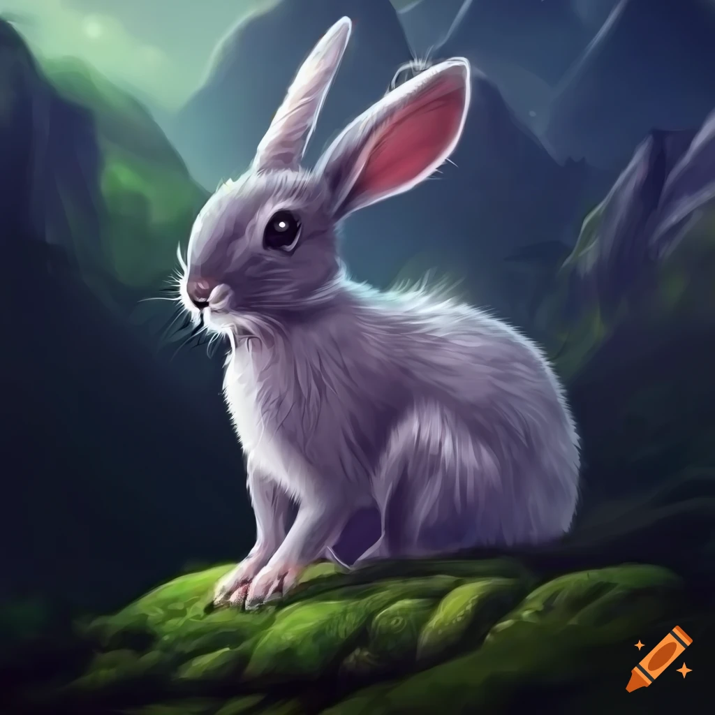 Grey rabbit on green mountainside, digital art, high resolution on Craiyon
