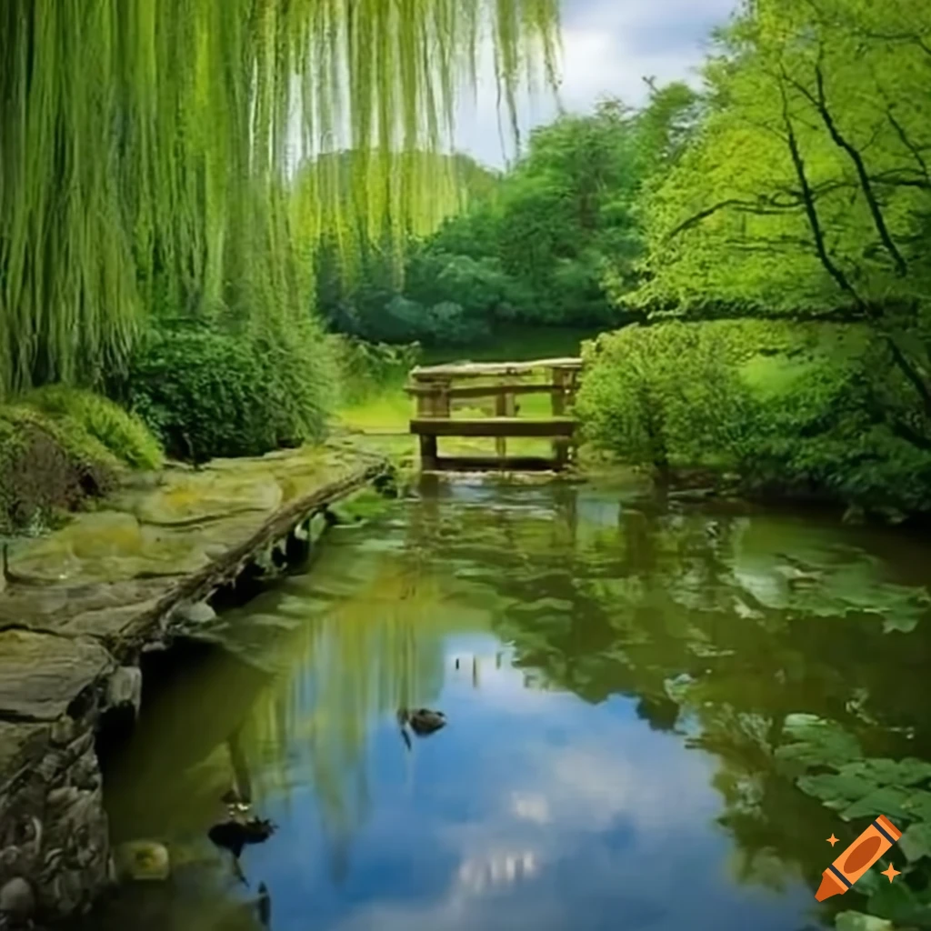 Amidst tranquil greenery, a serene scene unfolds. A meandering stream ...