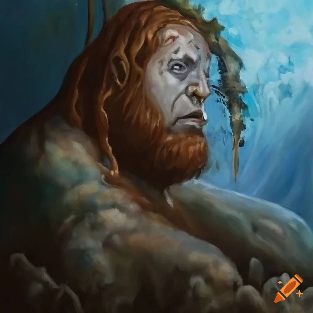 Hill giant crying big tears, painting on Craiyon