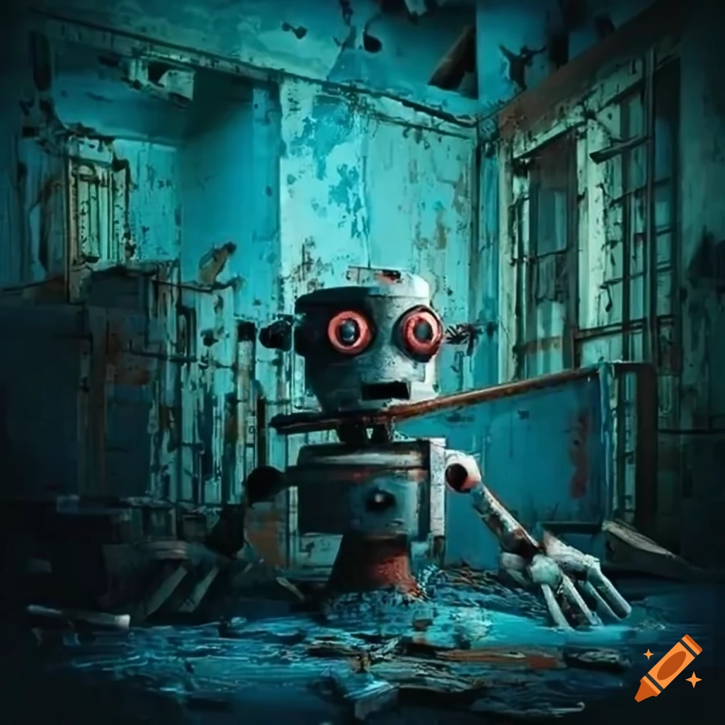 Abandoned broken robot factory on Craiyon