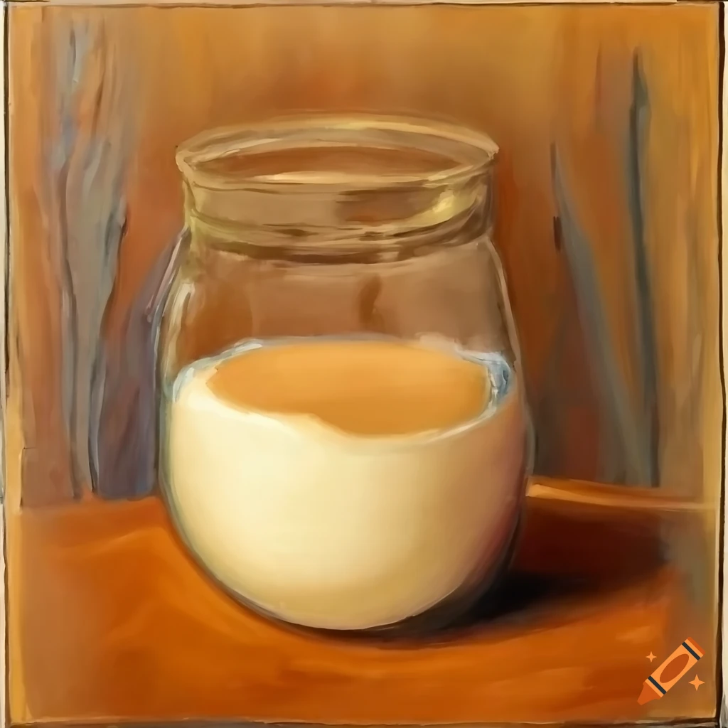Light-brown sour cream in the glass. garden. oil painting. very ...