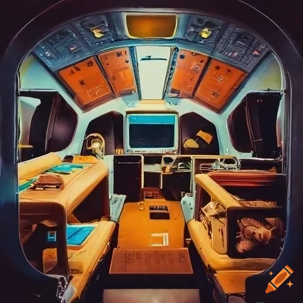 The viewpoint from inside of the cockpit of a 1970s vintage sci fi ...