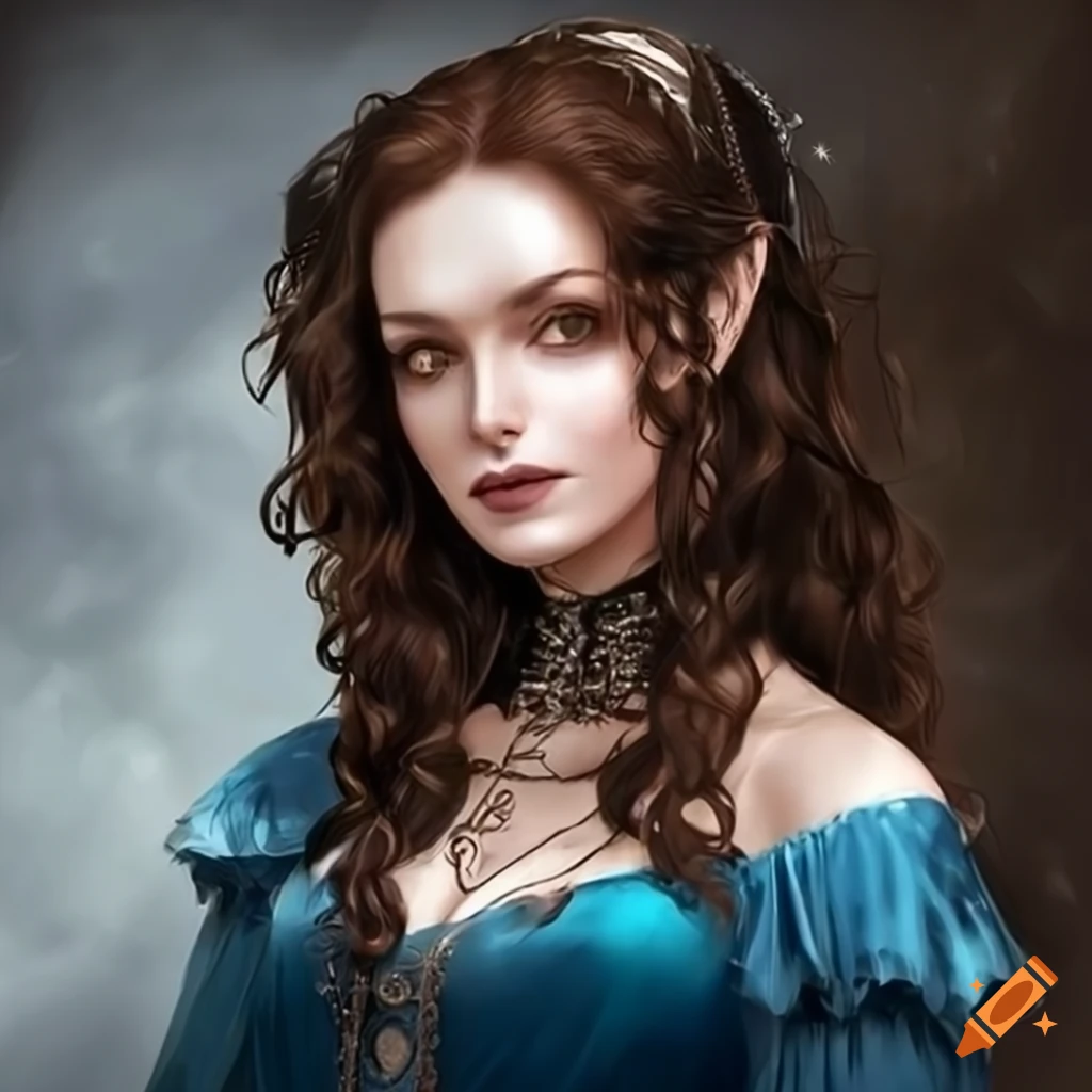 Medieval woman dark brown hair blue dress fantasy pretty messy smile on ...