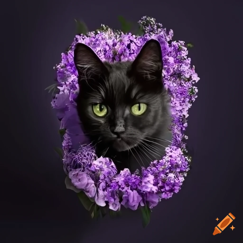 Photo-realistic rendering of black cat with a wreath of purple flowers