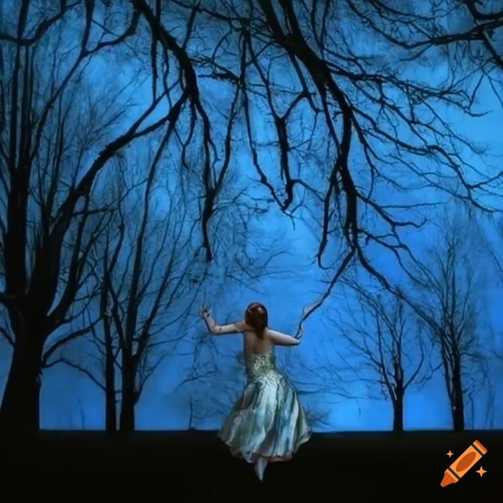 A girl in a dress dancing with blue trees and light winds on a hot summer day on Craiyon