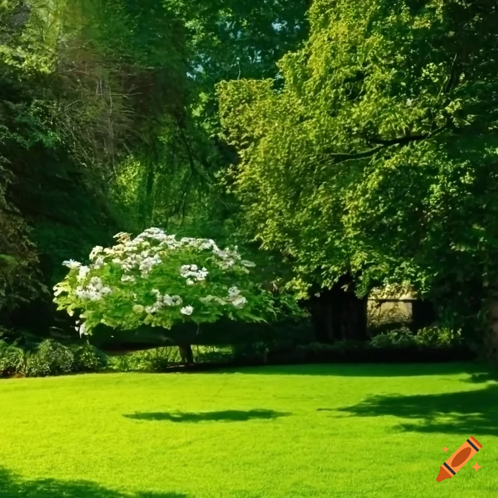 Green grass with big space and big trees and flower around it after a ...