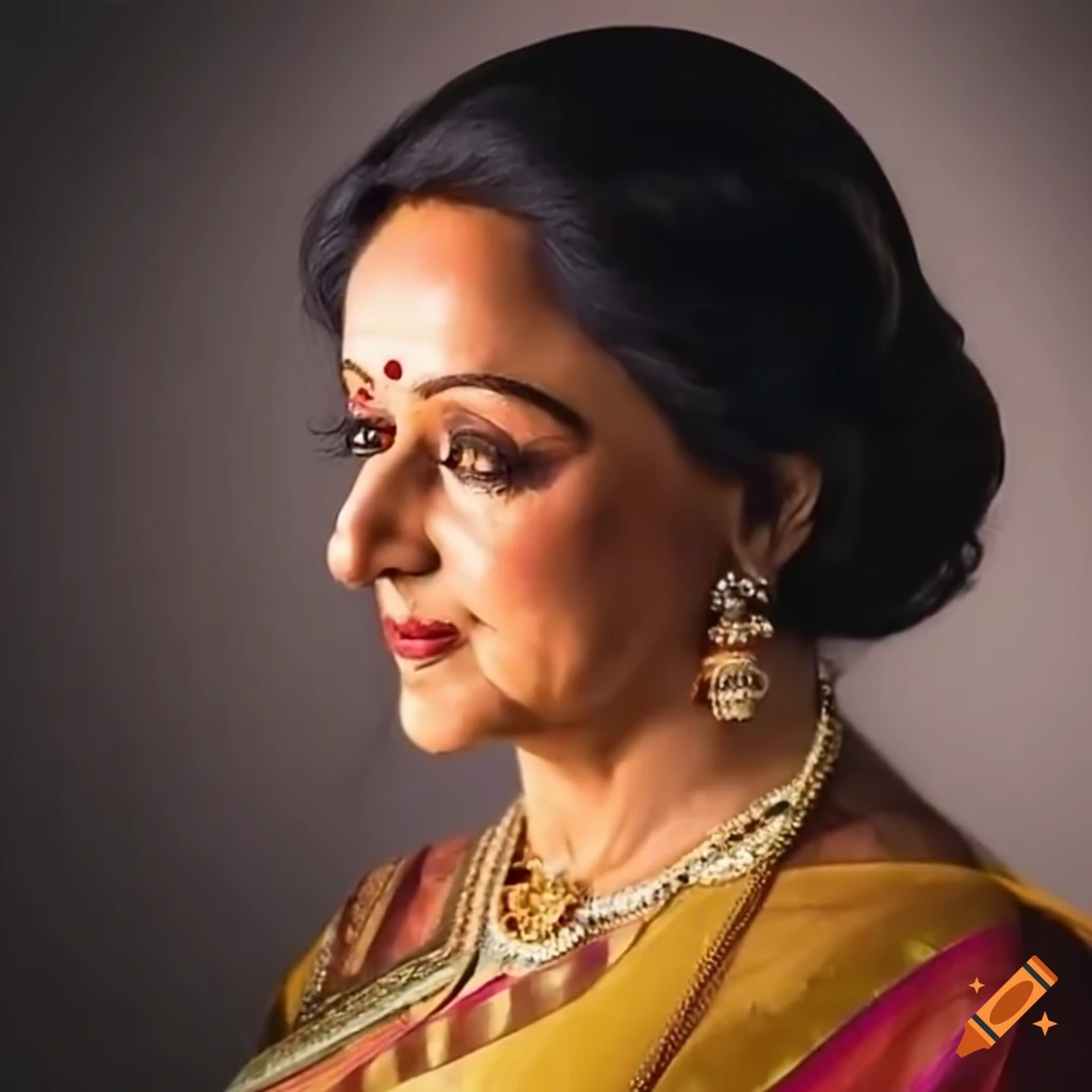 Side view of hema malini's elegant bun, side profile on Craiyon