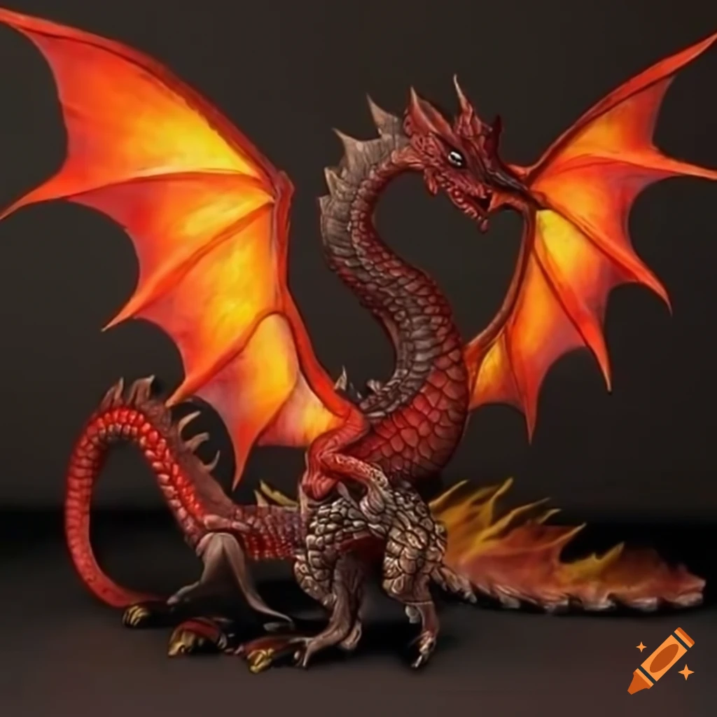 A mythical dragon with fiery scales, two wings, and long tail