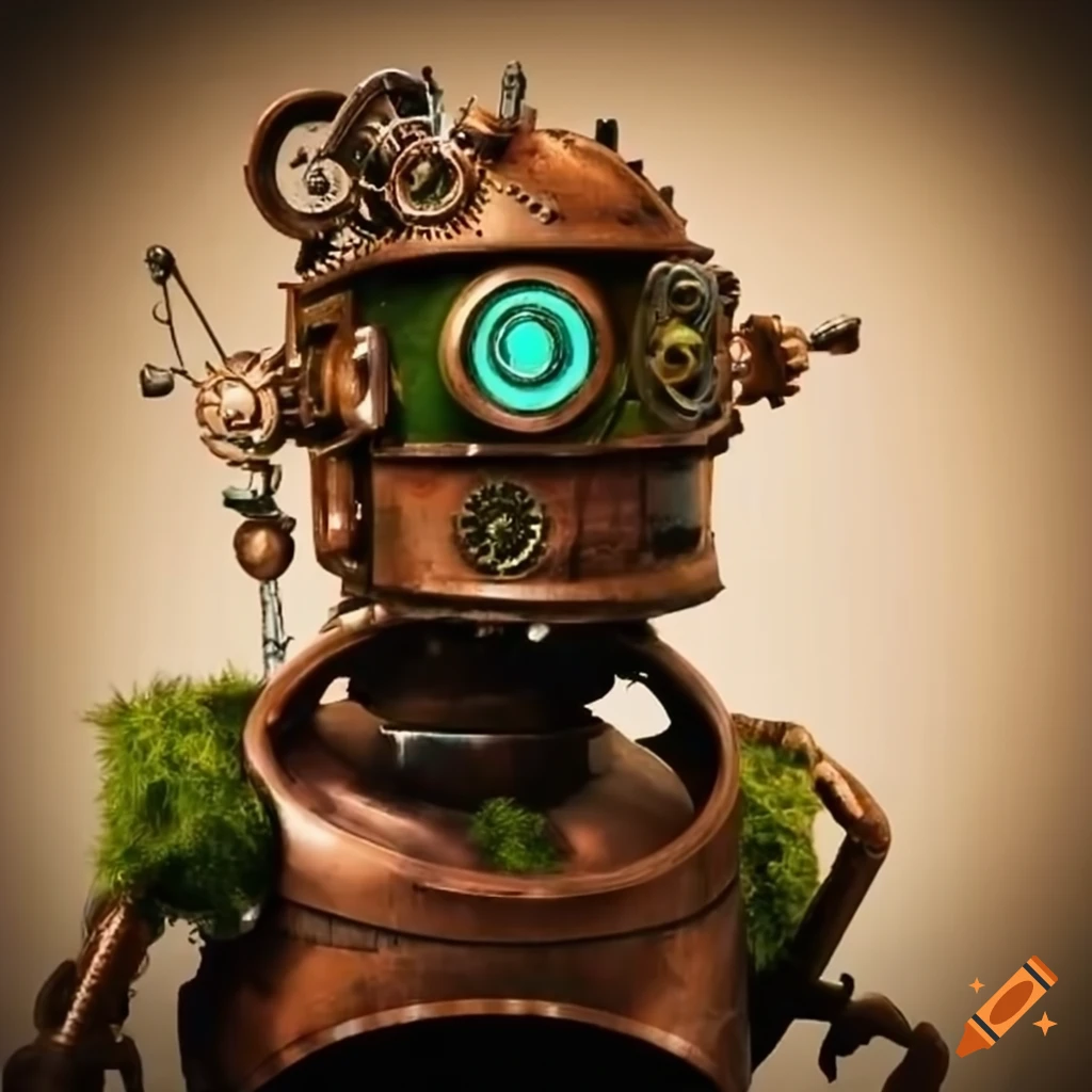 Steampunk robot made of steel and copper with a mossy exterior