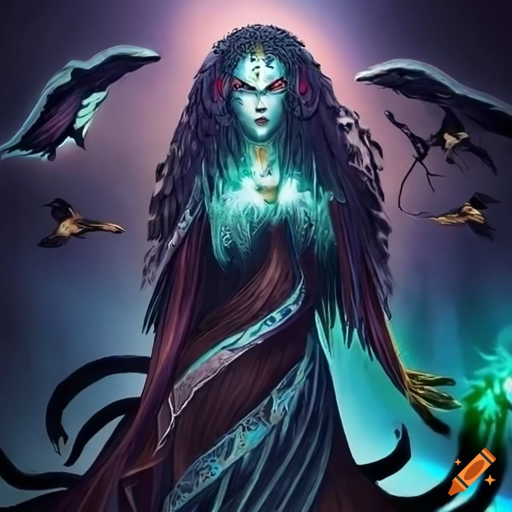 Create a visually striking representation of Morai-heg, the Crow ...