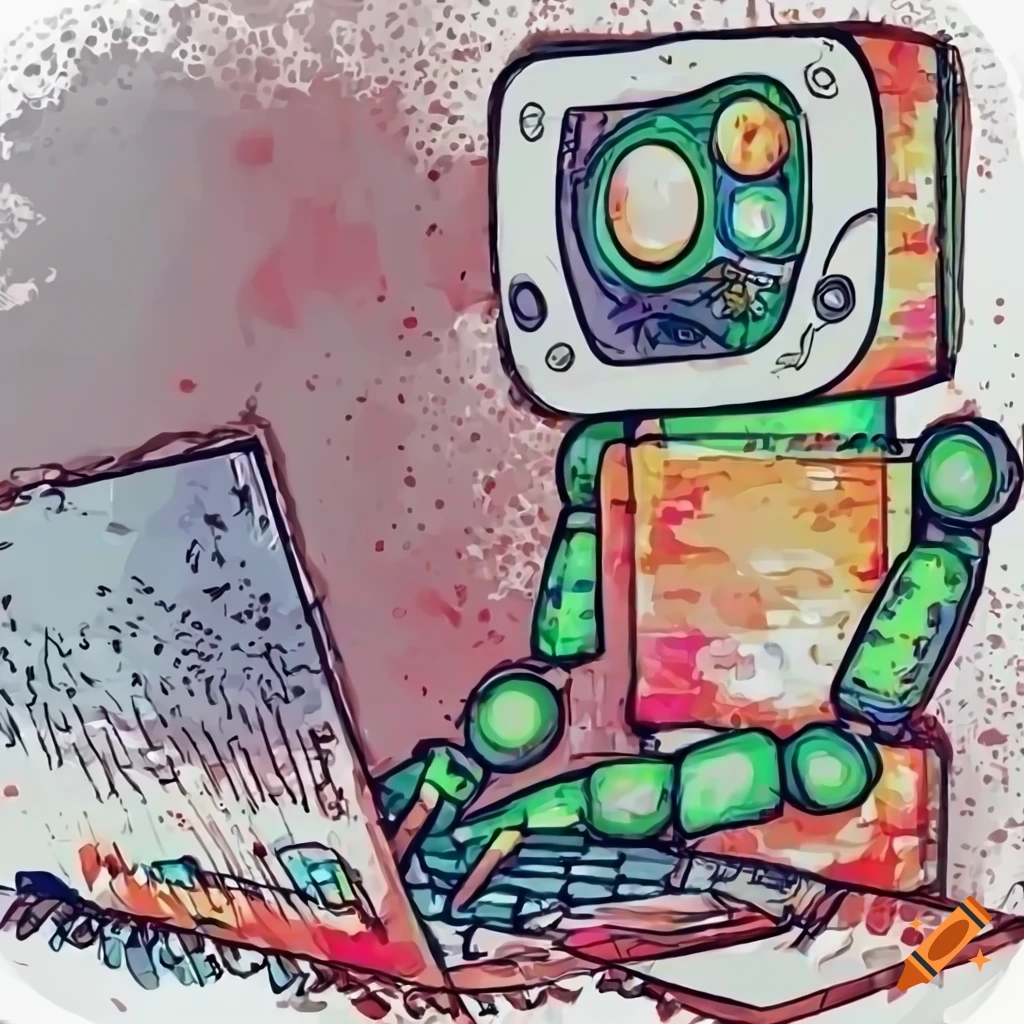 Pencil sketch of a robot programming in front of a laptop wearing a hoodie
