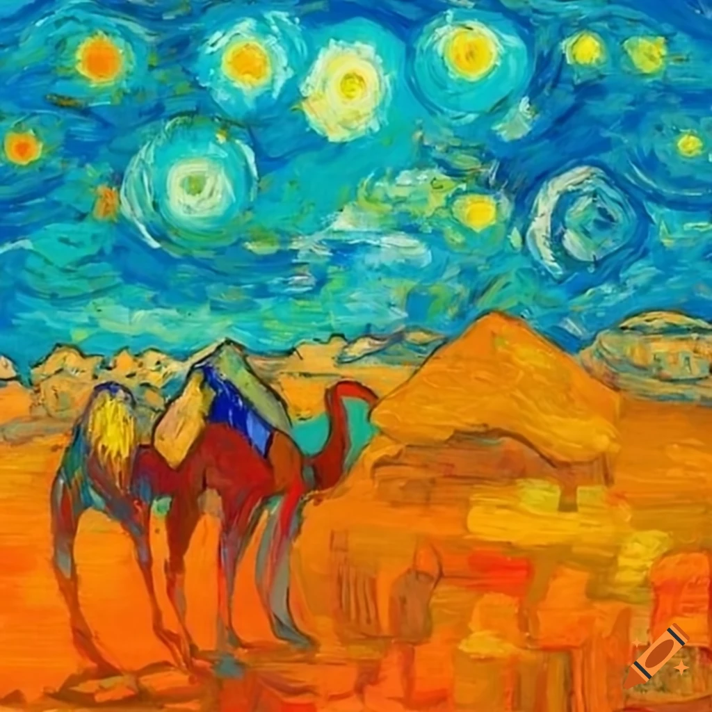 Distant abstract camels in desert in the style of van gogh painted with ...