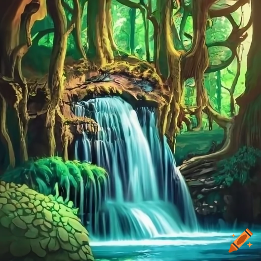 Waterfall in an enchanted forest reminiscent of studio ghibli and ...