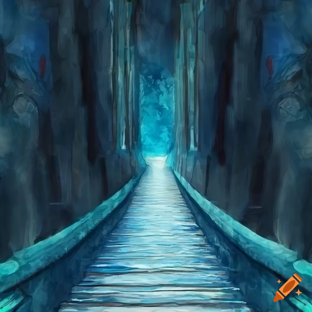 A narrow footbridge over a deep chasm, viewed in perspective from one ...