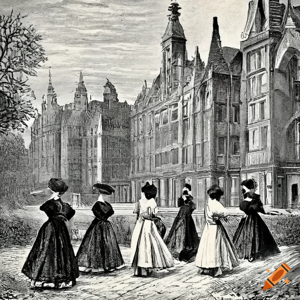 Black and white illustration, women in front of female college in 1900