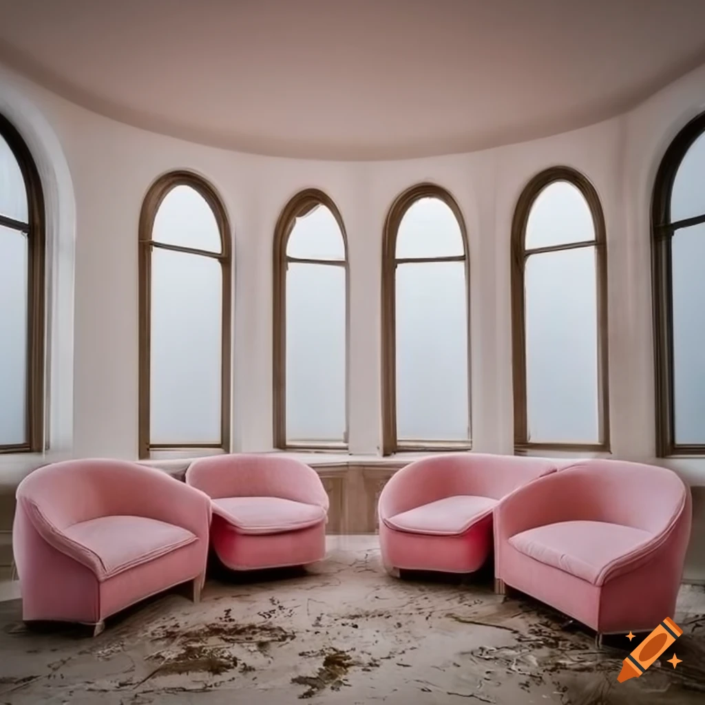 Abandoned curved white modern lobby with tattered pale pink sofas and ...
