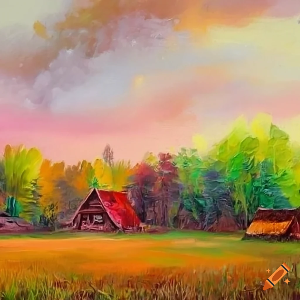 Realistic painting of a countryside landscape with colors green, pink ...