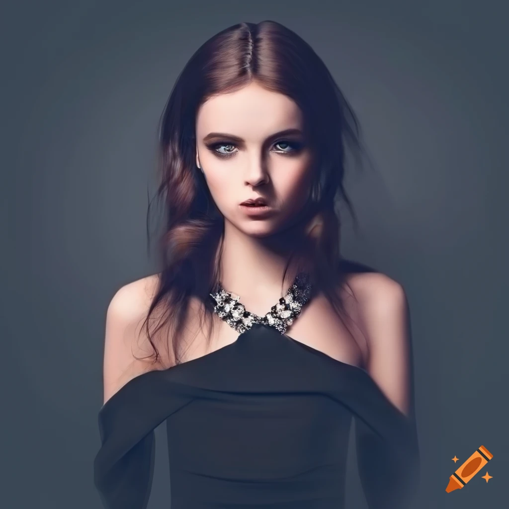 Young woman brown hair classy dressed on a dark background on Craiyon