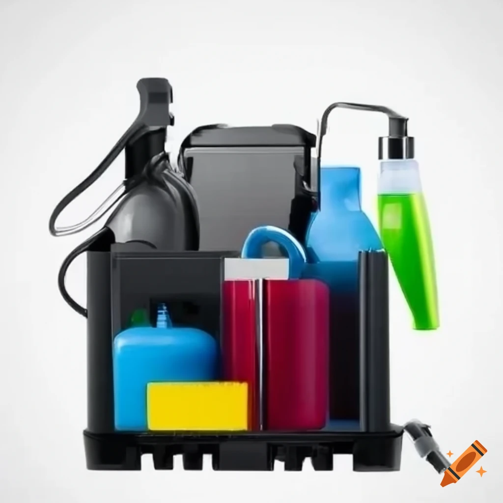 Household cleaning kit with sprays and detergents in dark colors on Craiyon
