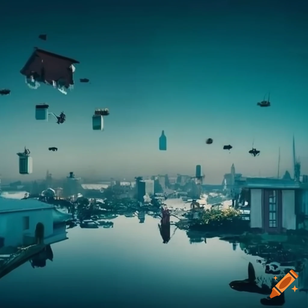 A surrealistic scenery of flying houses in a calm neighborhood on Craiyon