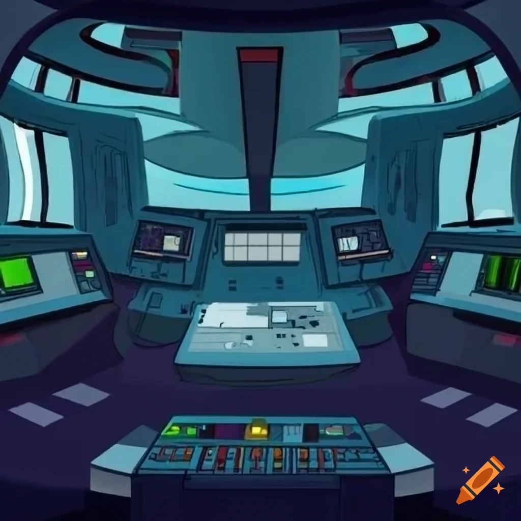 A cartoon image of a spaceship control room