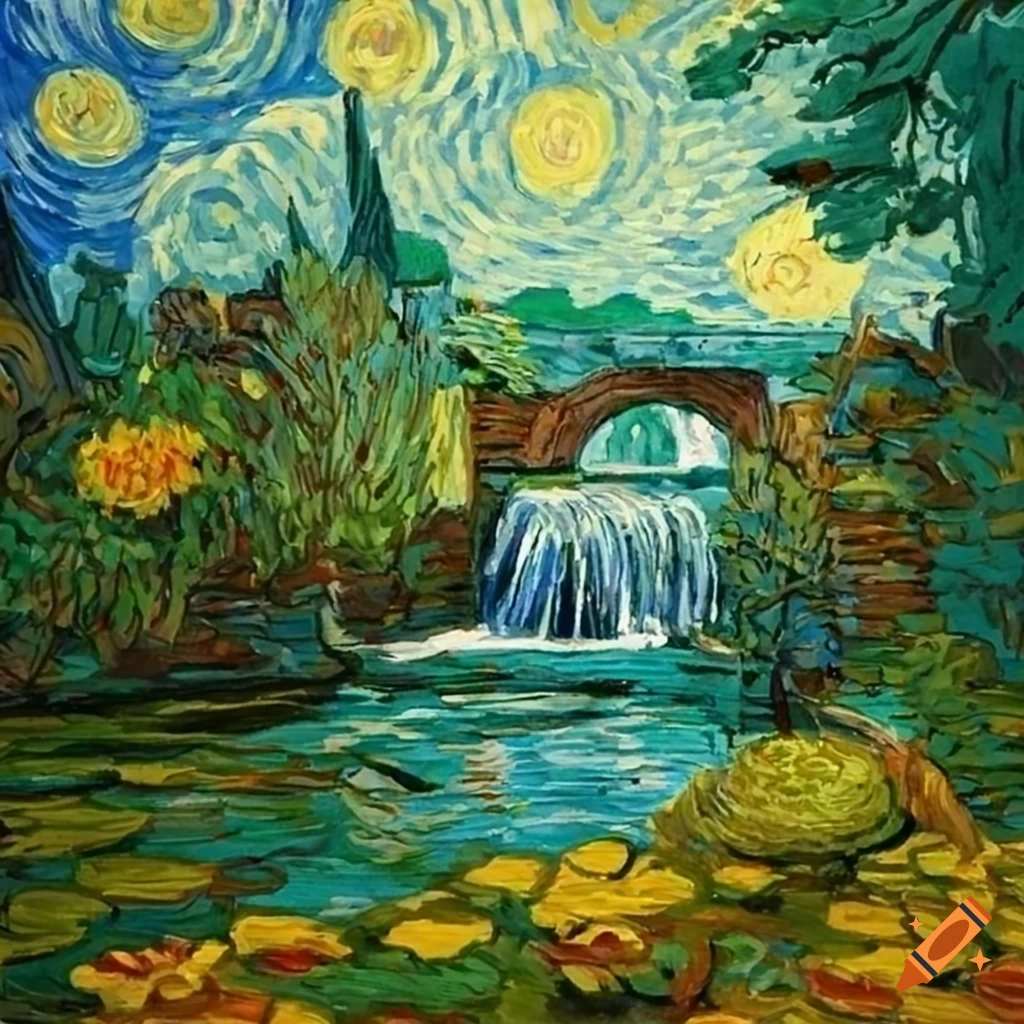 Bridge and waterfall with lilypads and birds in the style of van gogh ...