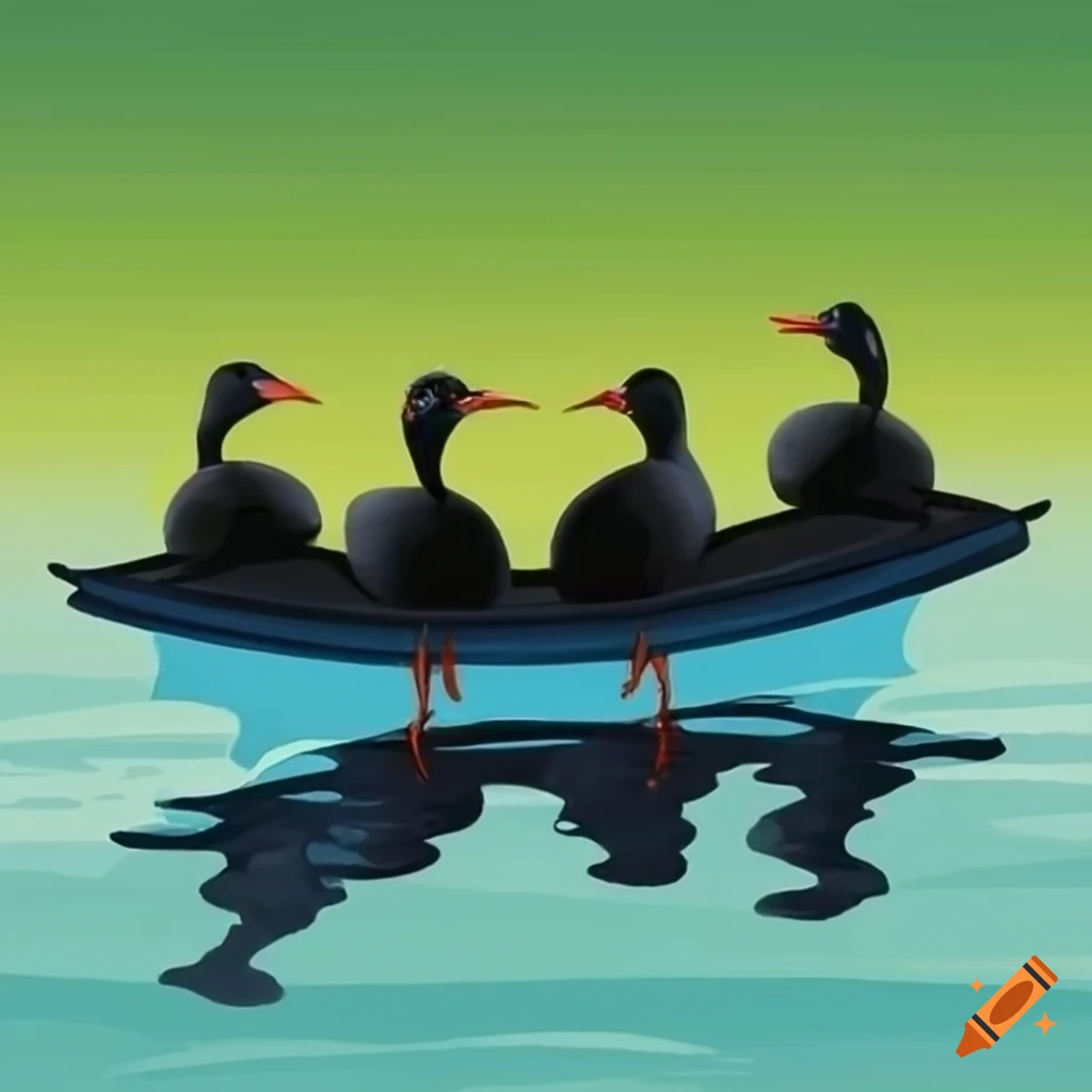Four black birds on a rowing boat