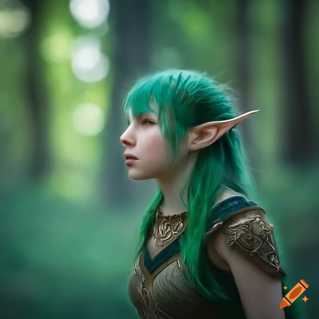 A young female elf with light green hair in a forest