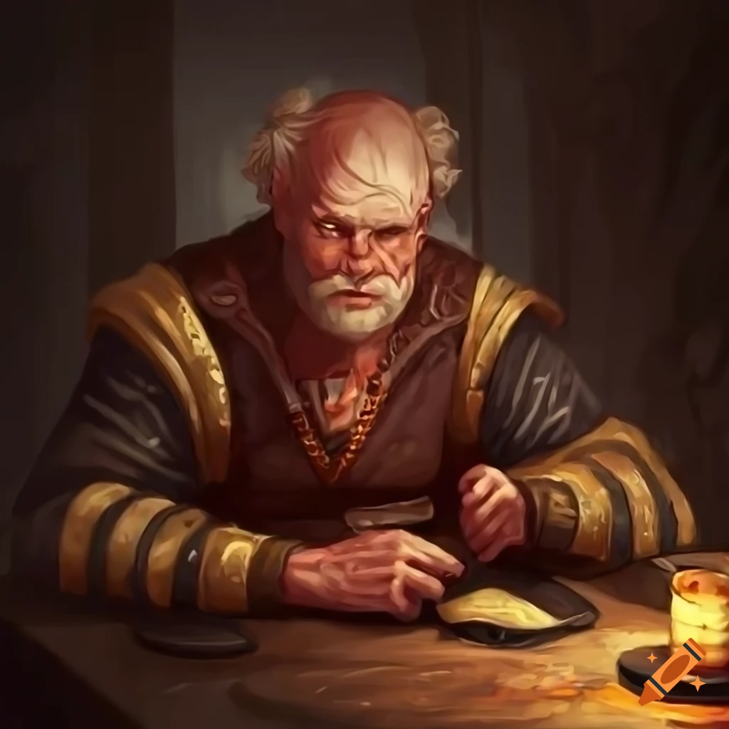 Tired-looking dnd merchant, sitting at a table, portrait, 4k, high-detailed on Craiyon