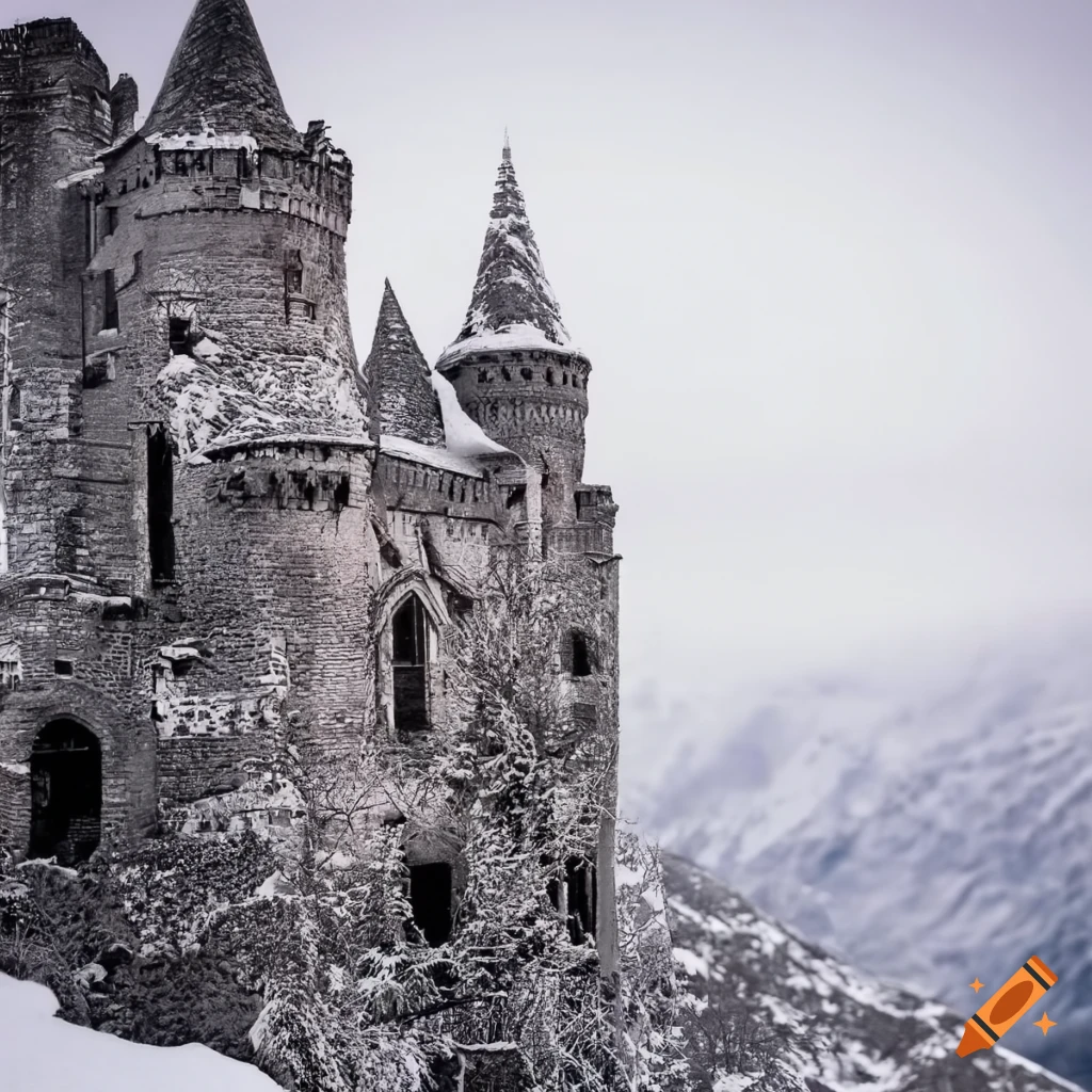 Abandoned castle in snow covered mountains on Craiyon