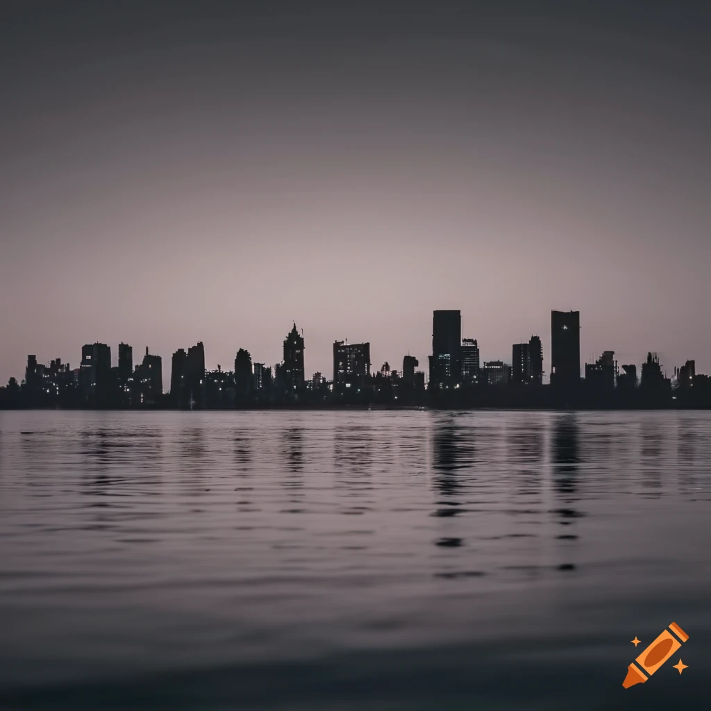 City skyline reflected on calm sea at sunset monochrome photo on Craiyon