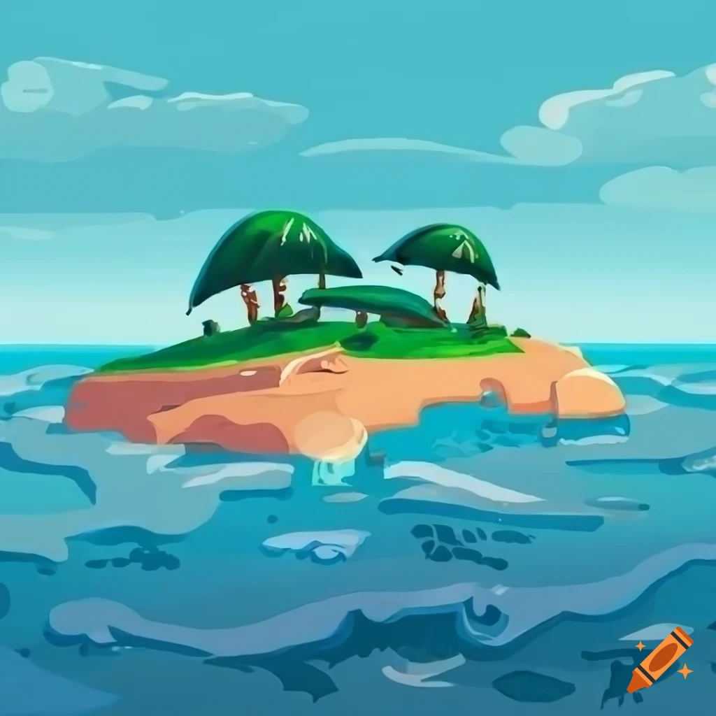 An unmanned island surrounded by a clear blue ocean, top down ...