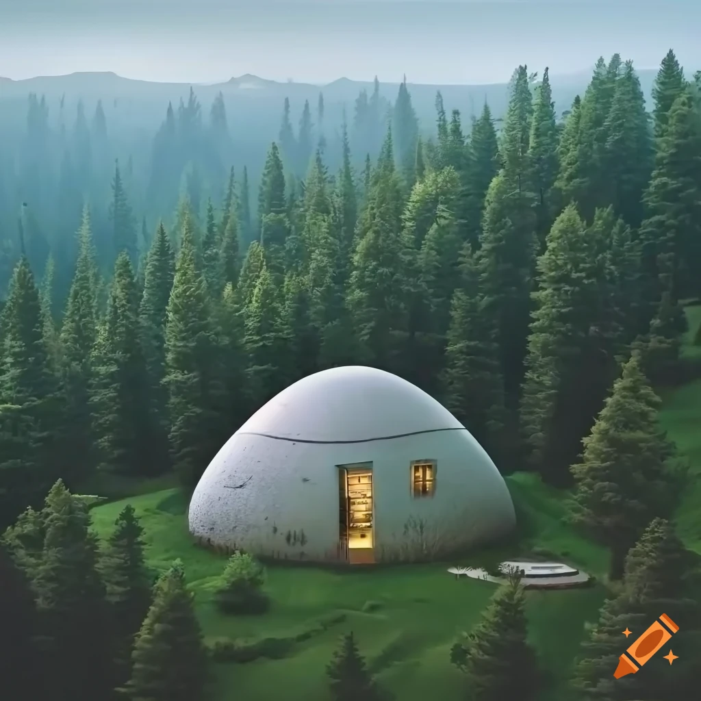 Wide shot of multi-colored concrete egg-shaped houses at night in a ...