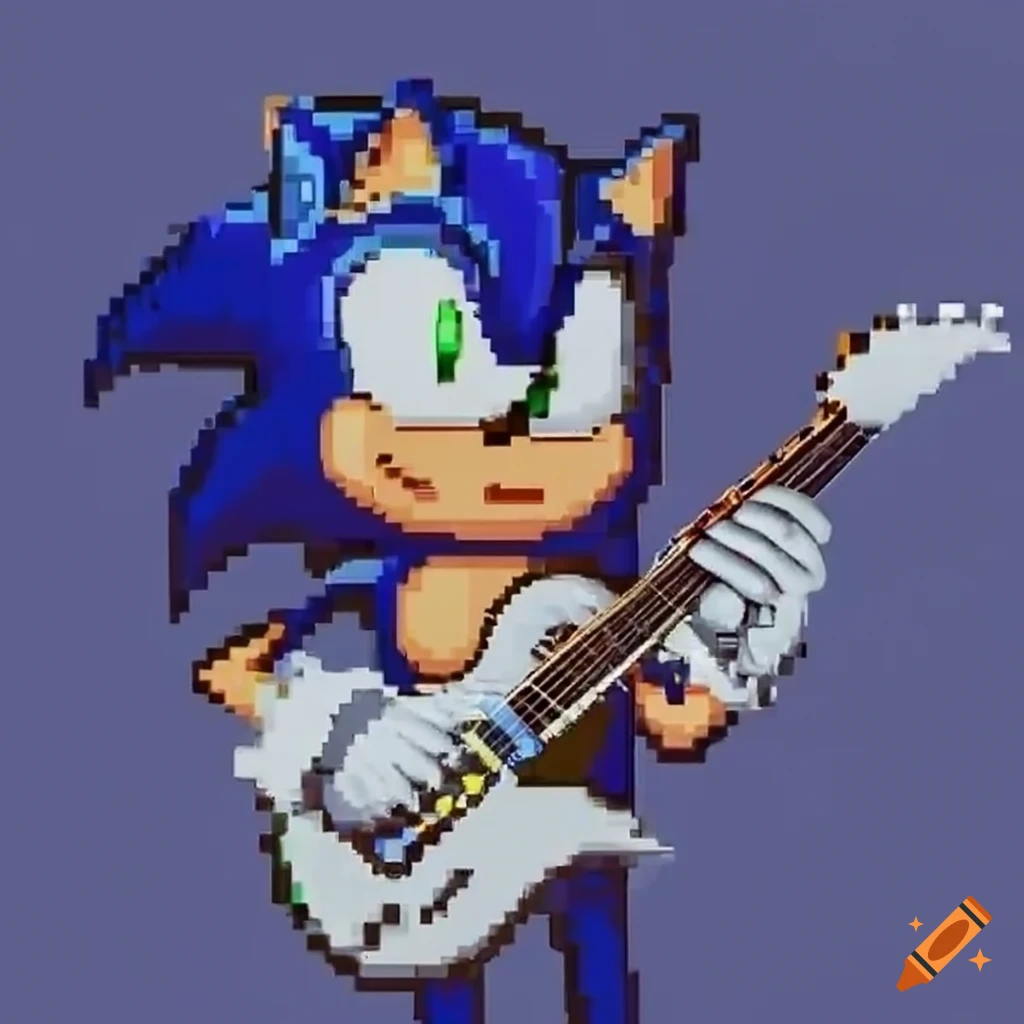Sonic 16 bit computer game playing a guitar on Craiyon