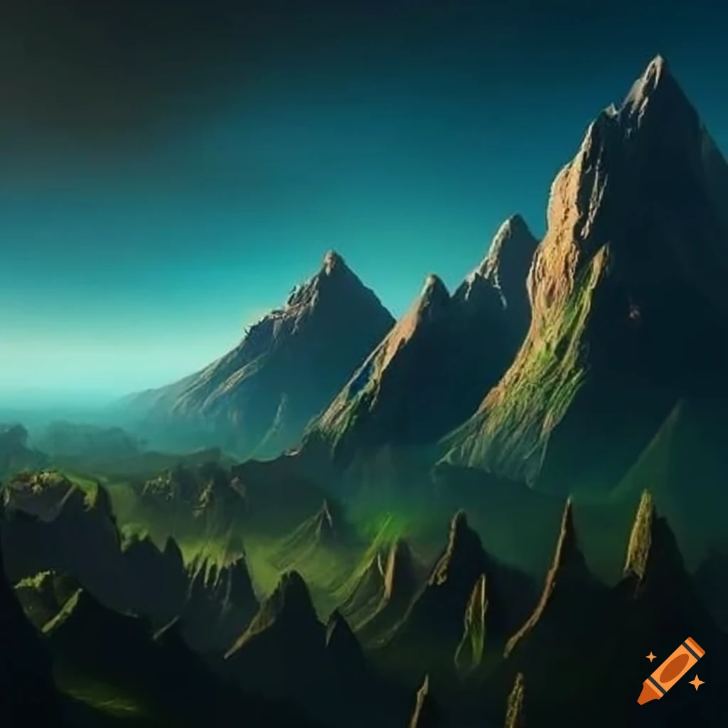 Alien world with amazing plants and mountains, painting by artist