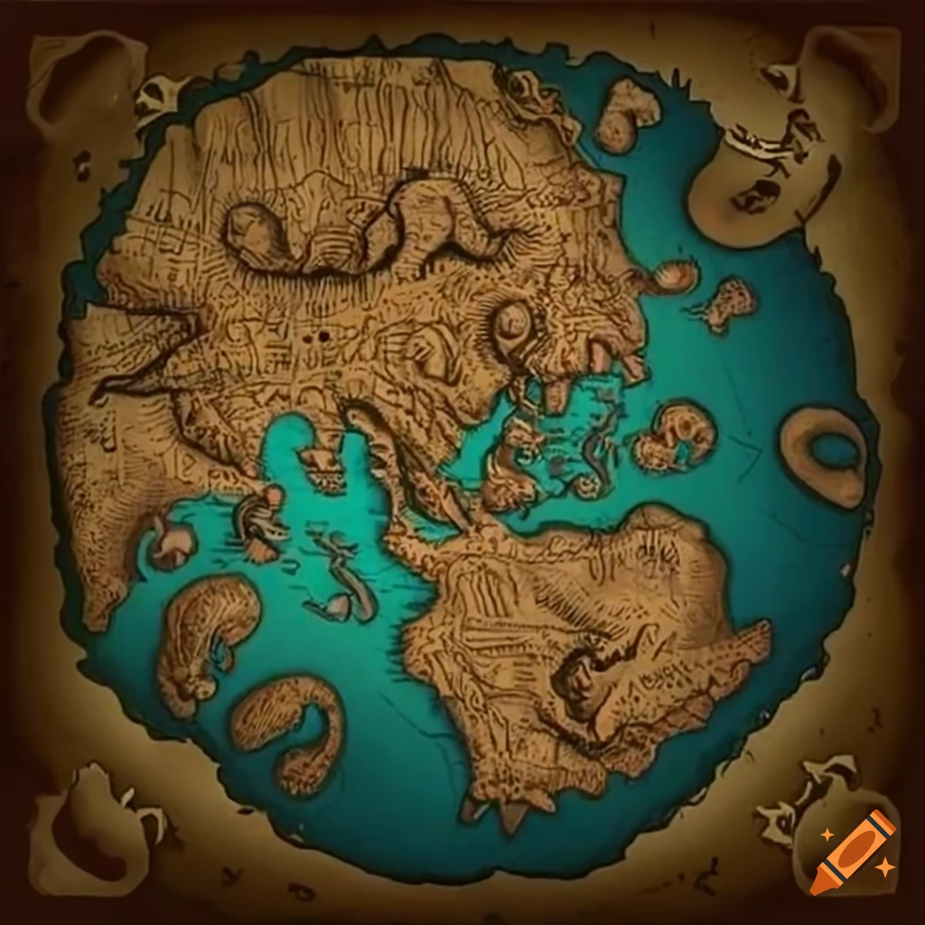 Old tyme map illustration with sea monsters and mountain ranges