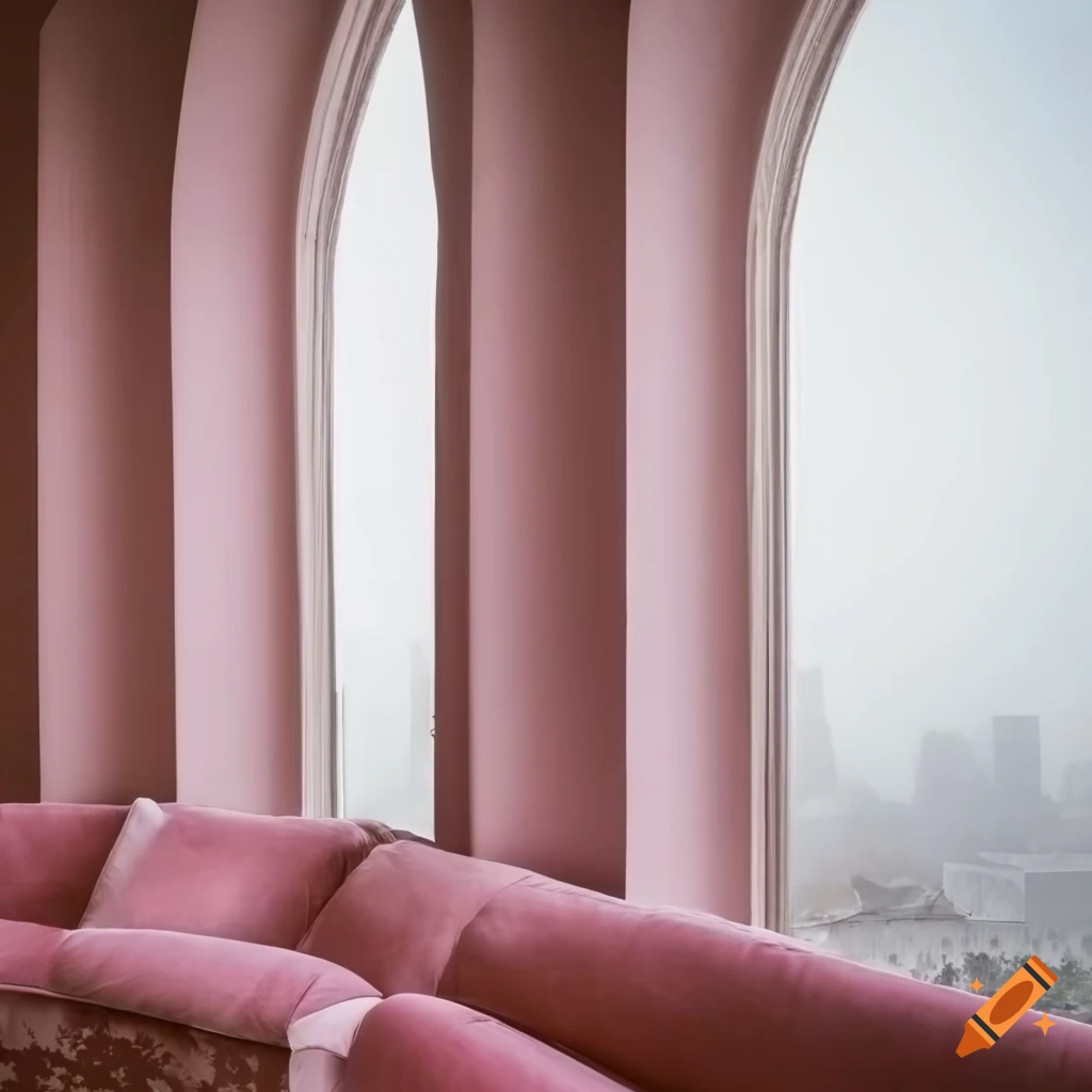 Abandoned curved white modern lobby with tattered pale pink sofas and ...