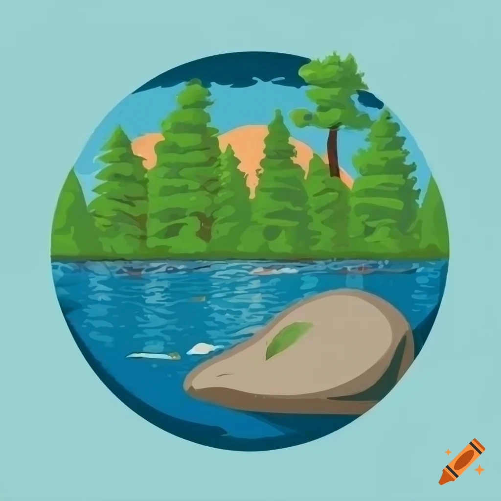 Circular artwork of lake with a single island of trees with a fish in ...
