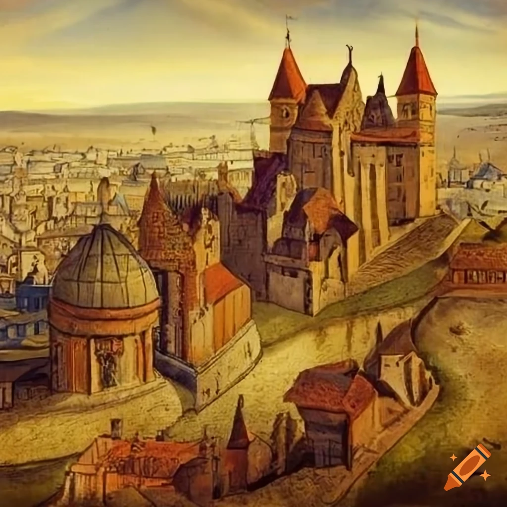 Eastern european early medieval landscape with various medieval figures ...