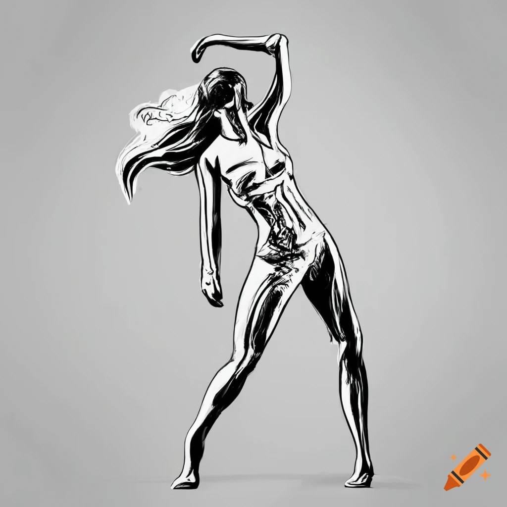 Dynamic female pose stamp, lineart black and white smooth on Craiyon
