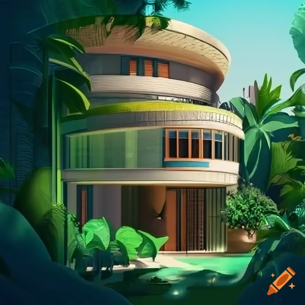 An art deco inspired house with curved walls, hipped roof, courtyard ...