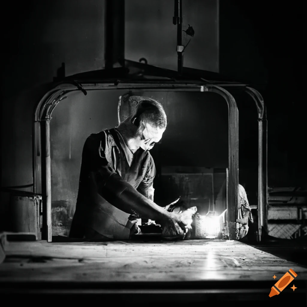 In the style of walker evans, man working machines in factory