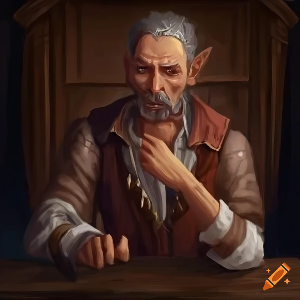 Tired-looking dnd merchant, sitting at a table, portrait, 4k, high-detailed