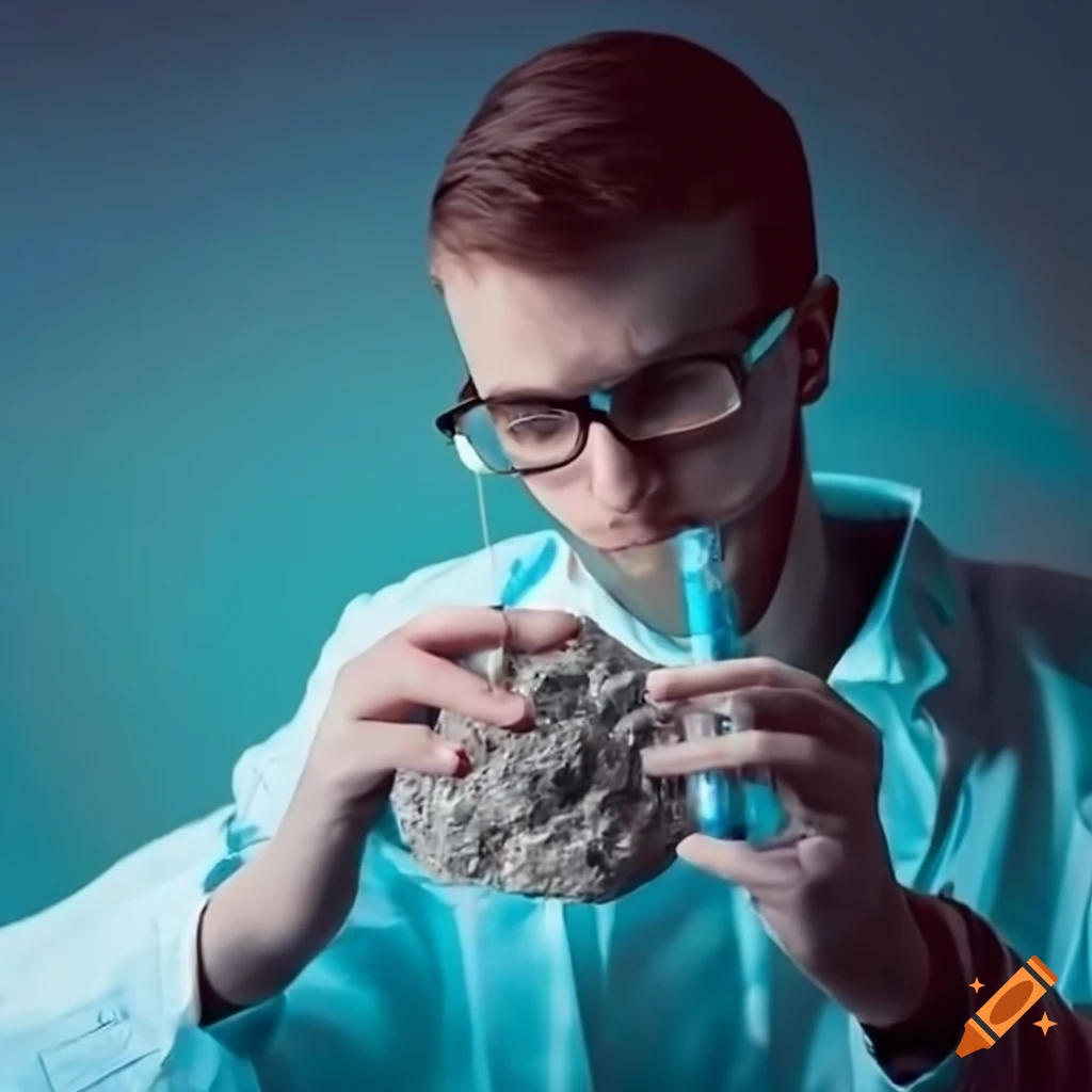 A young man geologist analyzing a rock sample in the lab