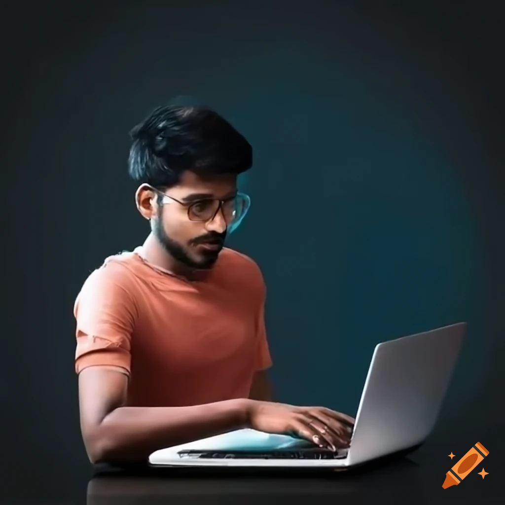 A young indian man typing on his laptop on Craiyon