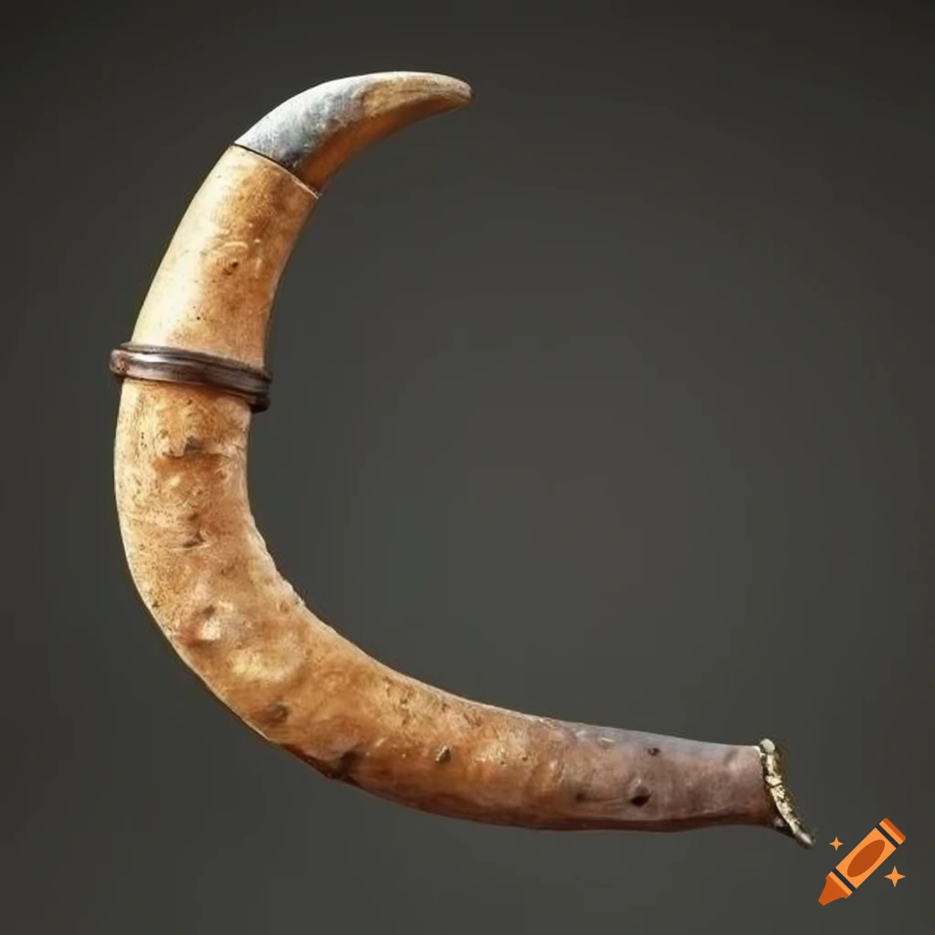 A prehistoric tan, sharp, horn weapon with hammered metal parts