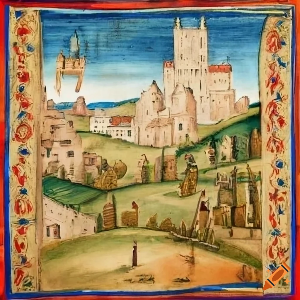 Eastern european early medieval landscape with various medieval figures ...