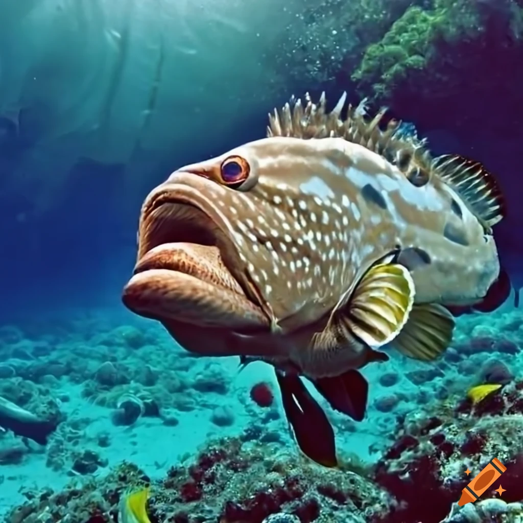 A large grouper swimming with smaller young groupers