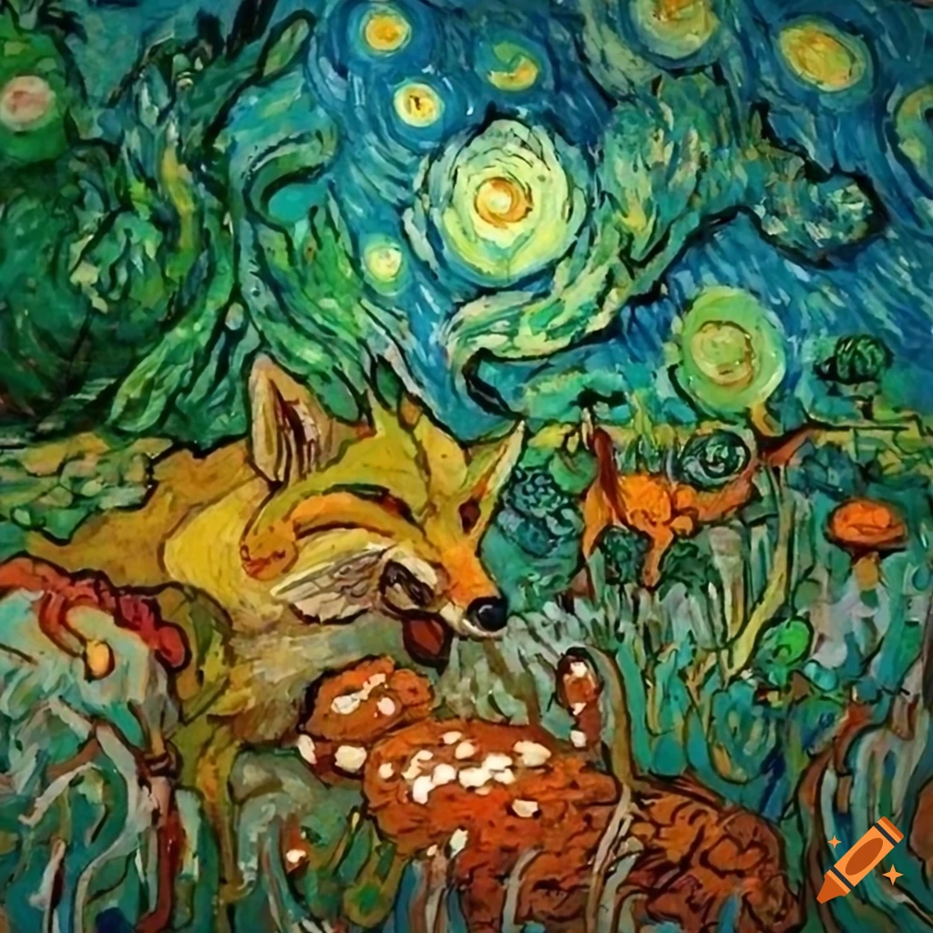 Secret magical garden with toadstools and fox in the style of van gogh ...